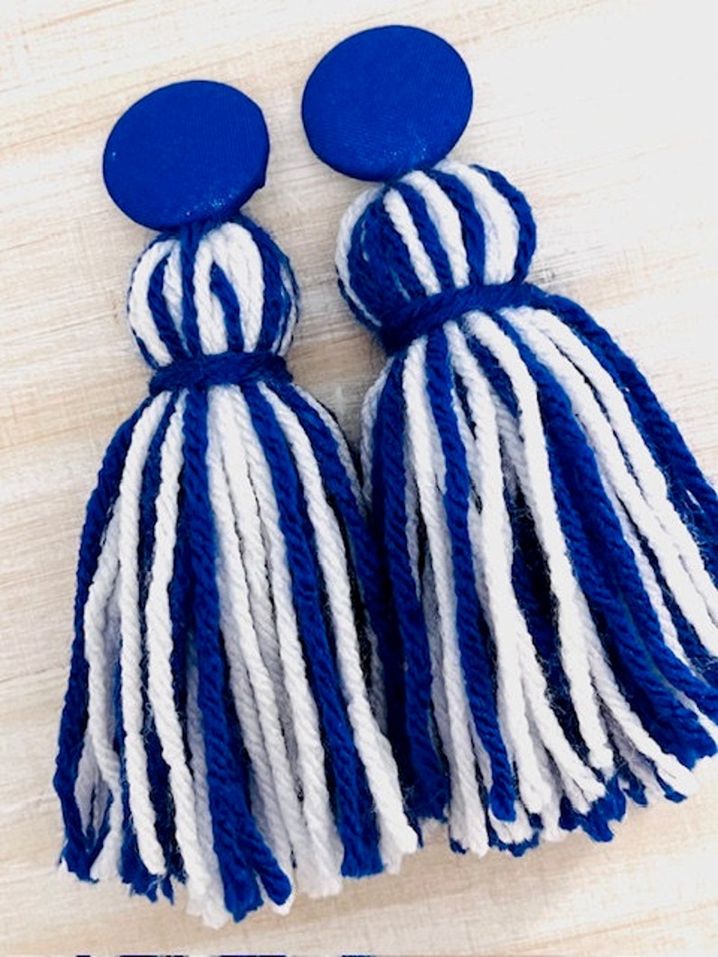 True Blue Handmade Button & Yarn Tassel Earrings - Etsy