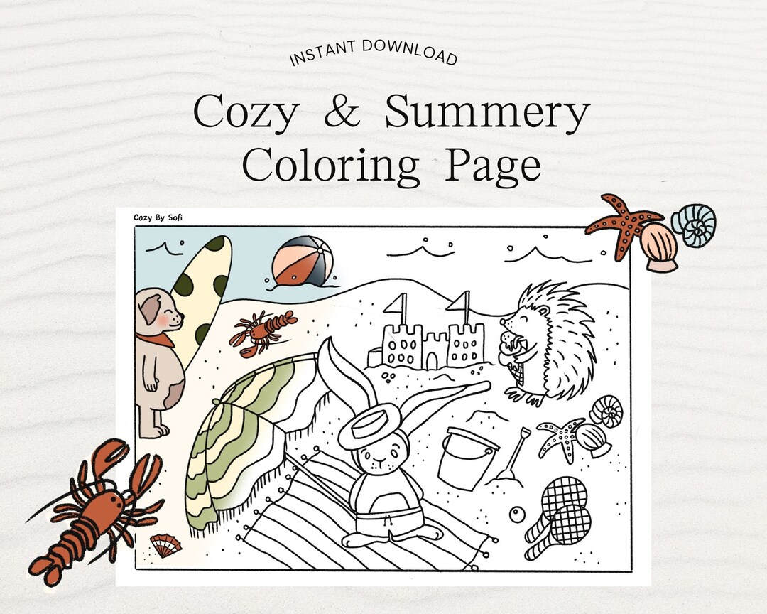 Adorable Coloring Page: Cozy Bunny & Friends at the Beach – Instant ...