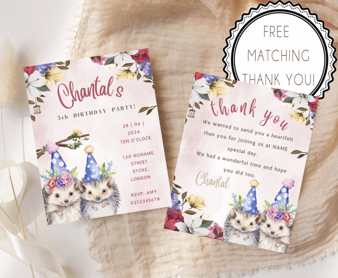 Cute Hedgehog Birthday Invitation Set | Personalized With Free Matching ...