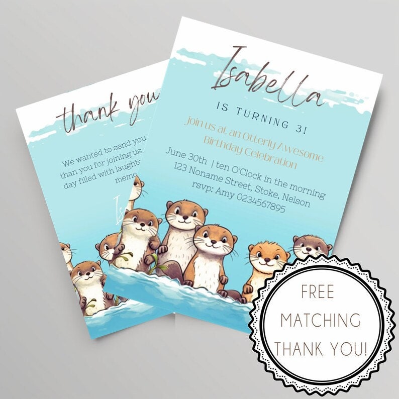 Cute Otter Birthday Party Invitation Set | Personalized With Free ...