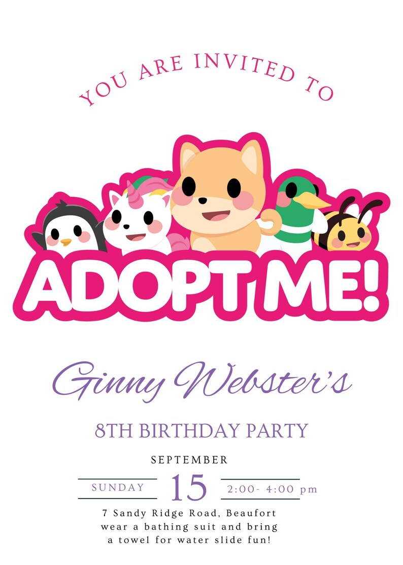 Adopt Me Birthday Invitation Set | Personalized Roblox Party Invite ...