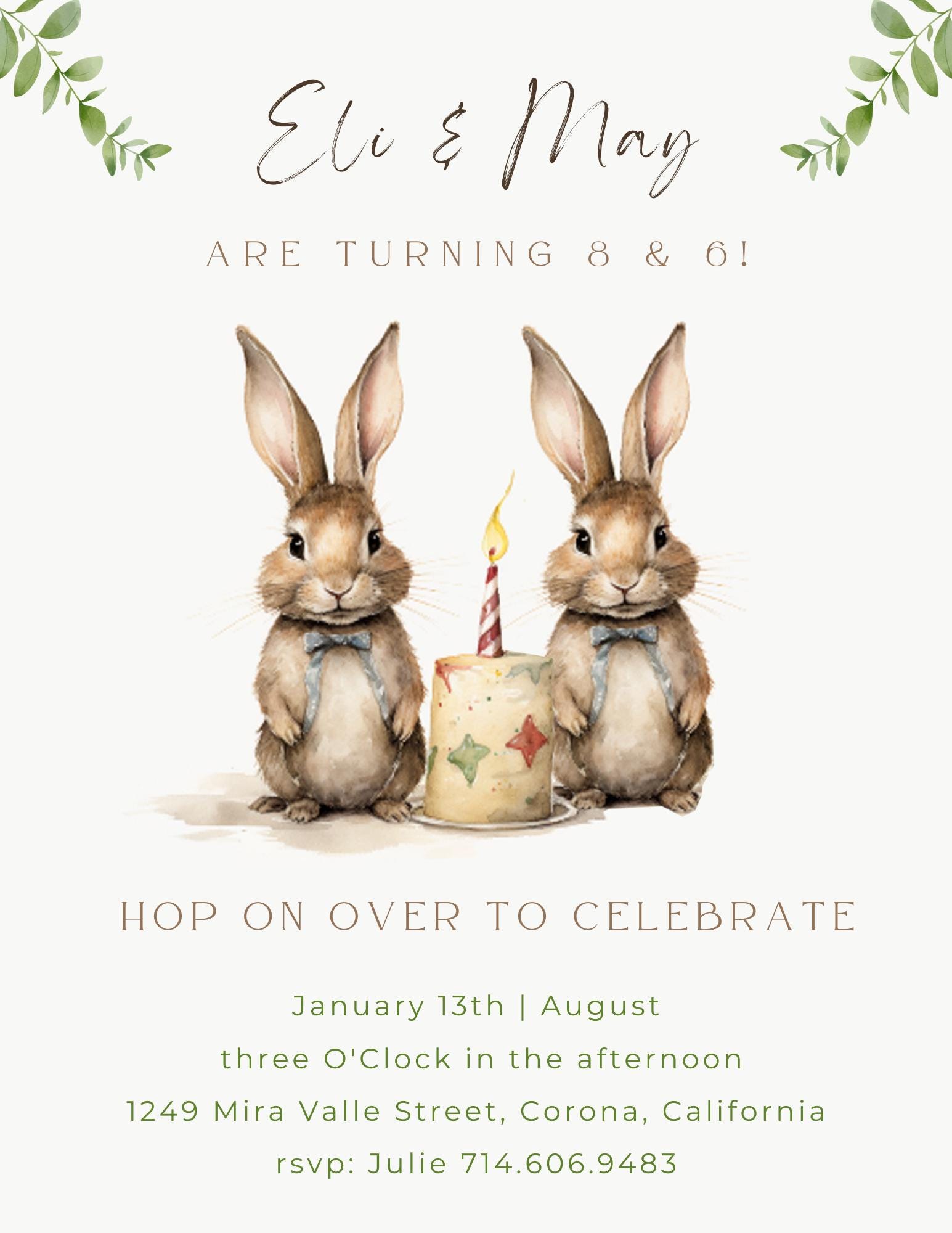 Joint Bunny Birthday Invitation Set | Personalized Bunny-themed Party ...