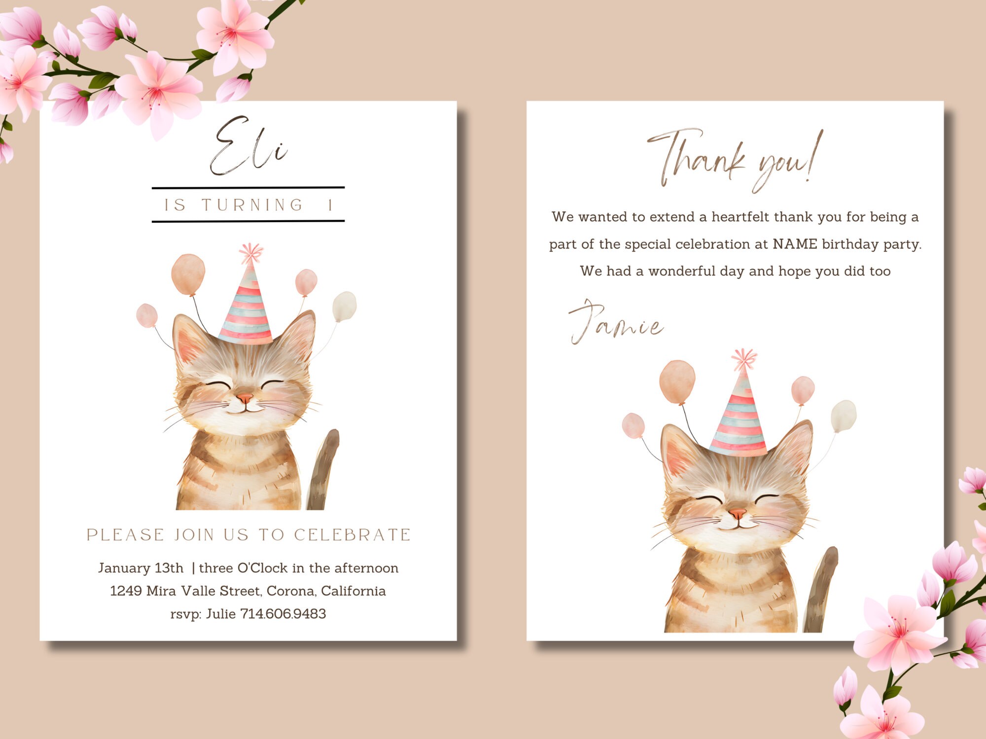 Cute Cat Birthday Invitation Personalized With Free Matching Thank You ...