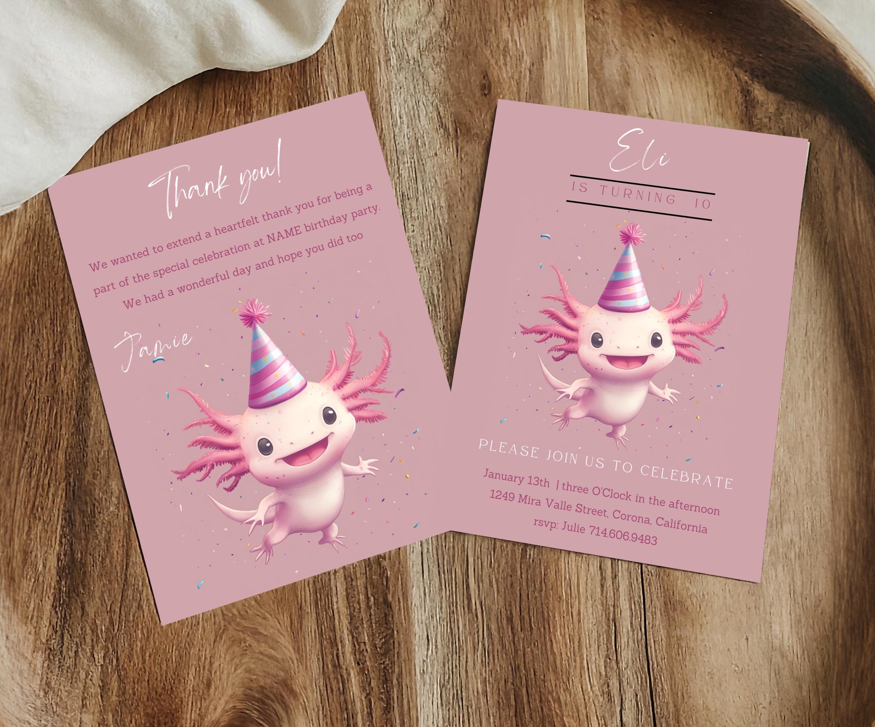 Axolotl Birthday Invitation Set With FREE Matching Thank You Note ...