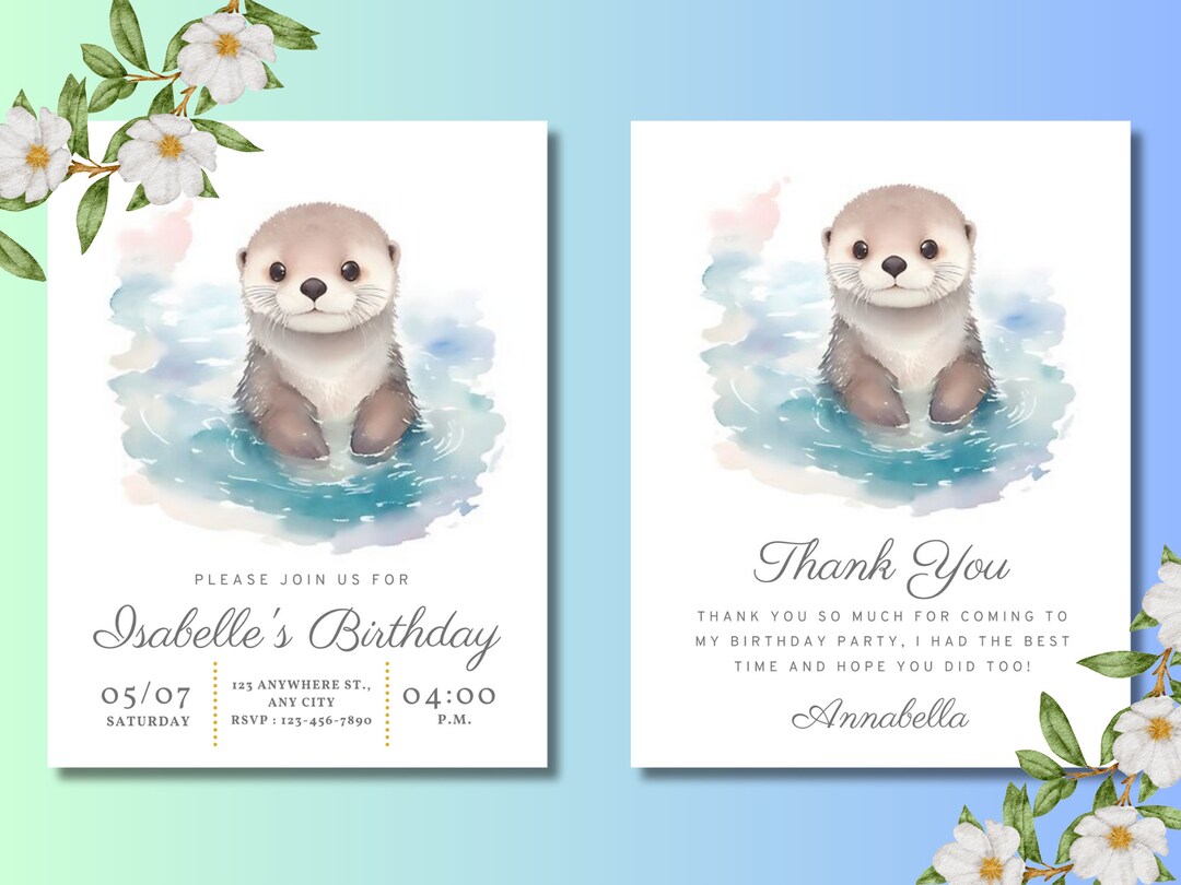 Cute Otter Birthday Party Invitation Set | Personalized With Free ...
