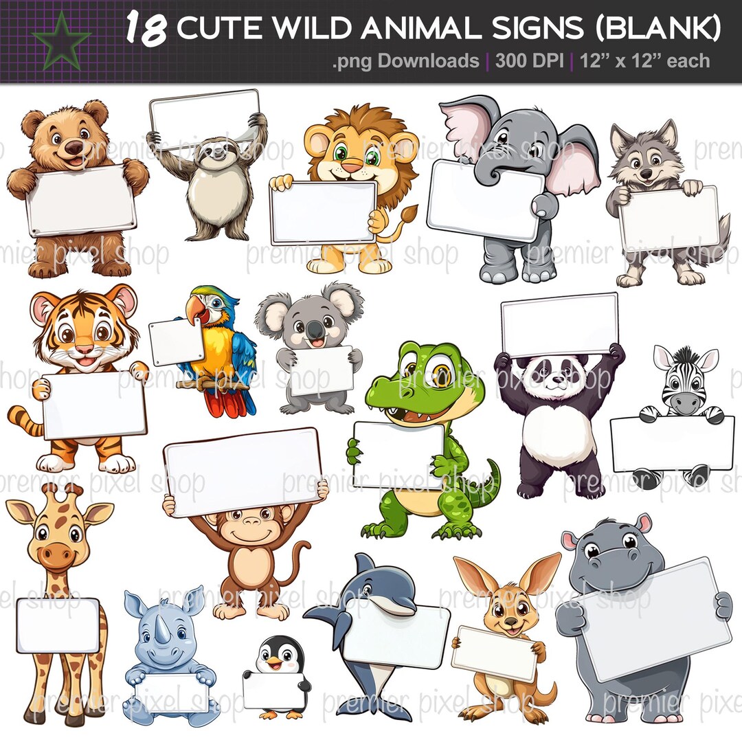 Cute Animal PNG Bundle. Animal Clipart for Kids, Cartoon Animal ...