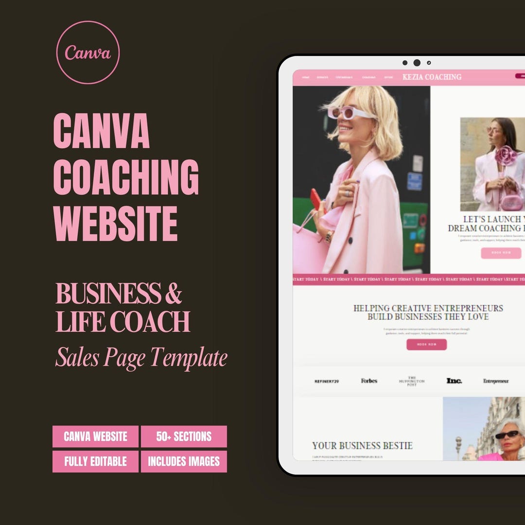 Pink Coaching Website Template: Canva Sales Page, Lead Magnet - Etsy
