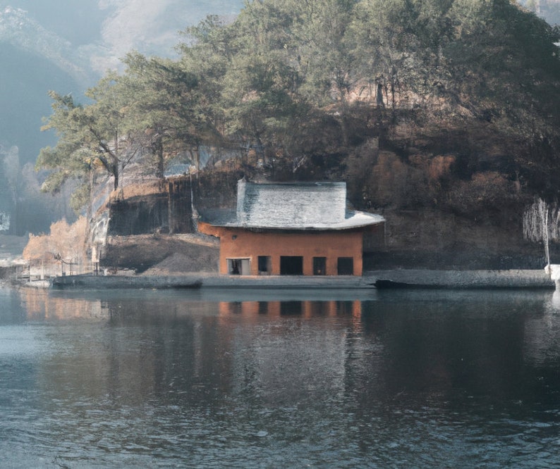 Japandi Wall Art Printable Art With a Japanese Lake House Next to the ...