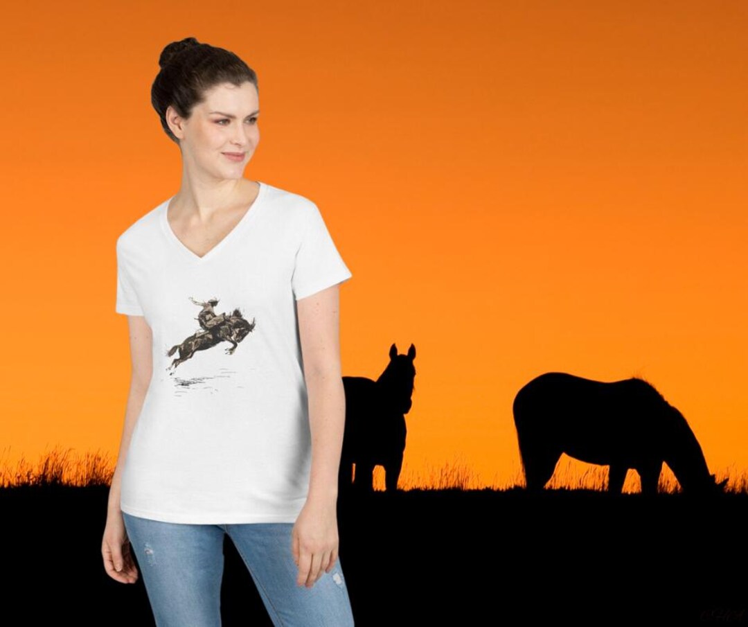 Vintage Western Marked Out Bucking Bronc Sketch - V-neck T-shirt ...