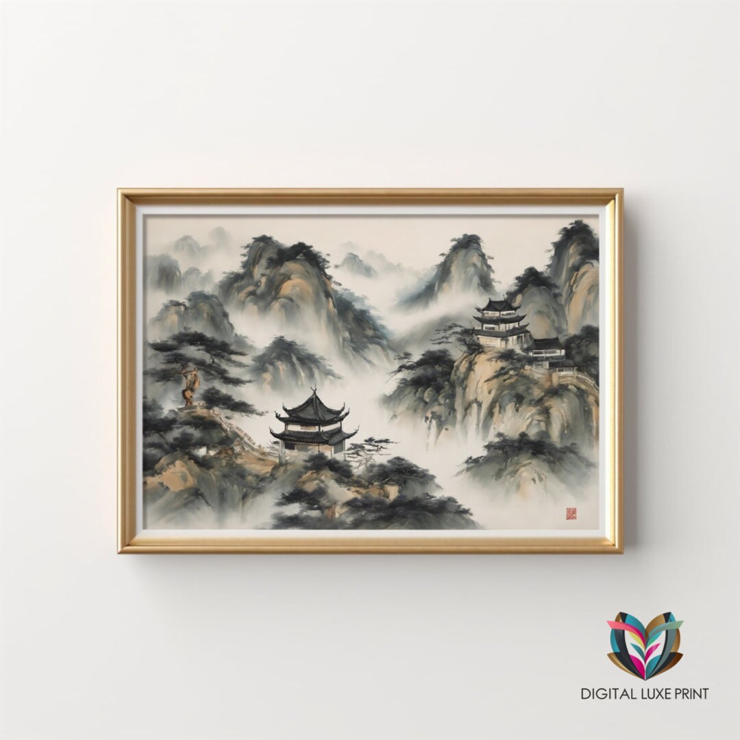 Traditional Asian Landscape Wall Art, Misty Mountains Print, Japanese ...