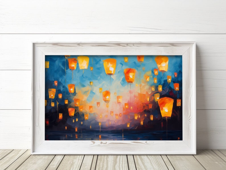 Abstract Lantern Festival Canvas Art, Colorful Sky Lights Wall Decor ...
