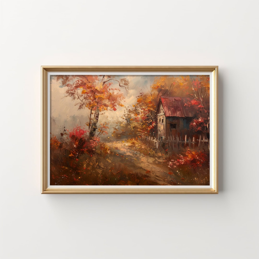 Autumn Countryside Oil Painting, Rustic Cabin Wall Art, Home Decor ...