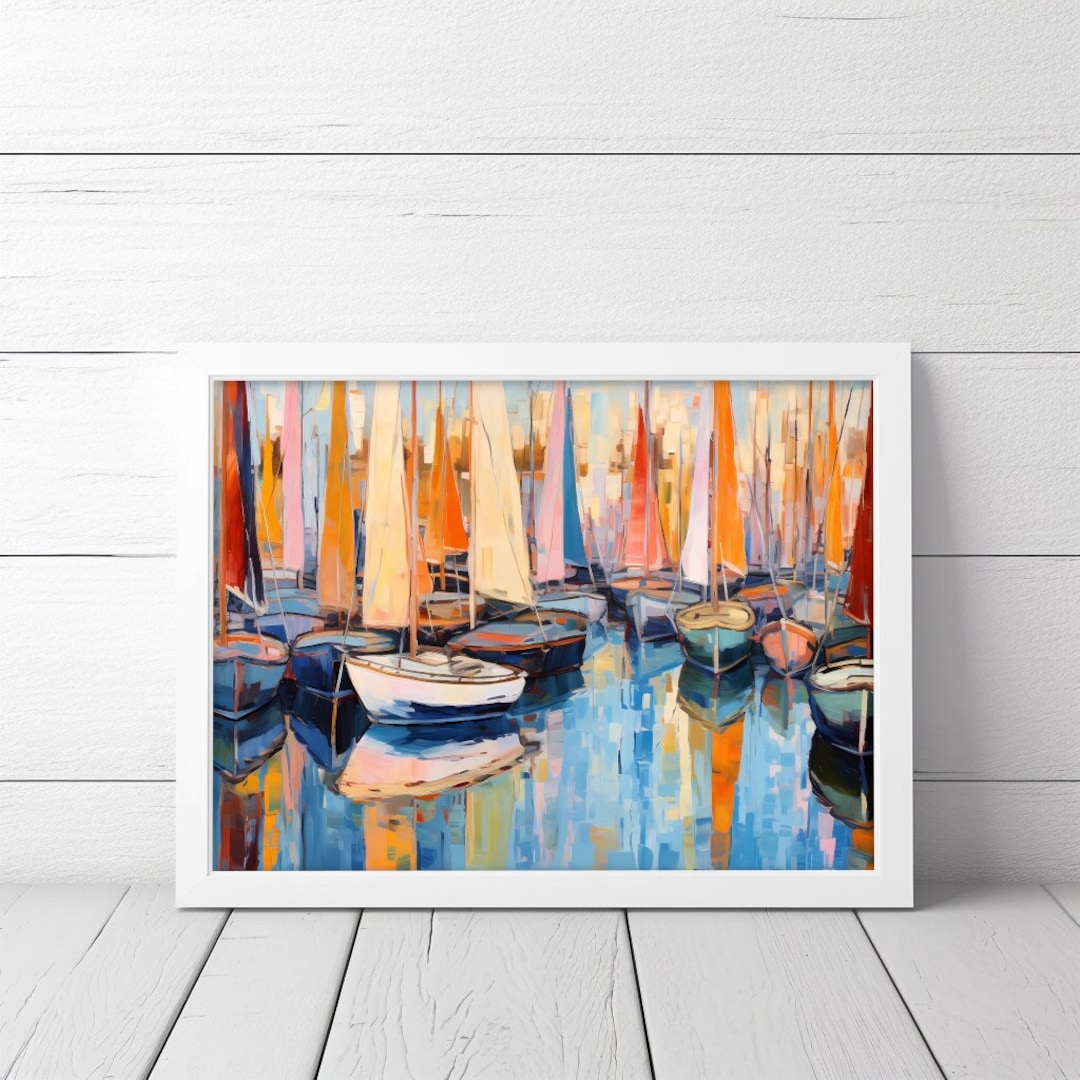 Vibrant Abstract Boats in Water: Contemporary Wall Art Print, Boats ...