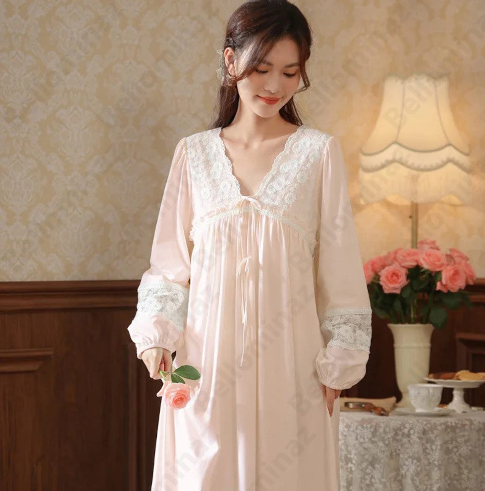 Cotton Vintage Nightgown Spring Autumn Victorian Cotton Nightgown Women ...
