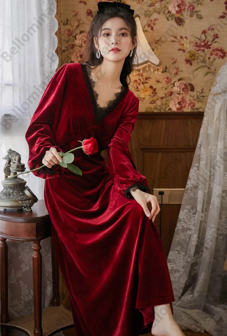 Velvet Victorian Nightgowns Women Winter Warm Long Sleeve Robe Peignoir ...
