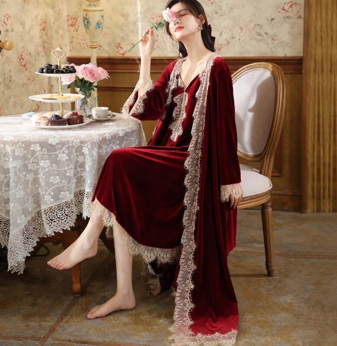 Victorian Nightgown Robe Set Women Velvet Vintage Nightgowns Autumn ...