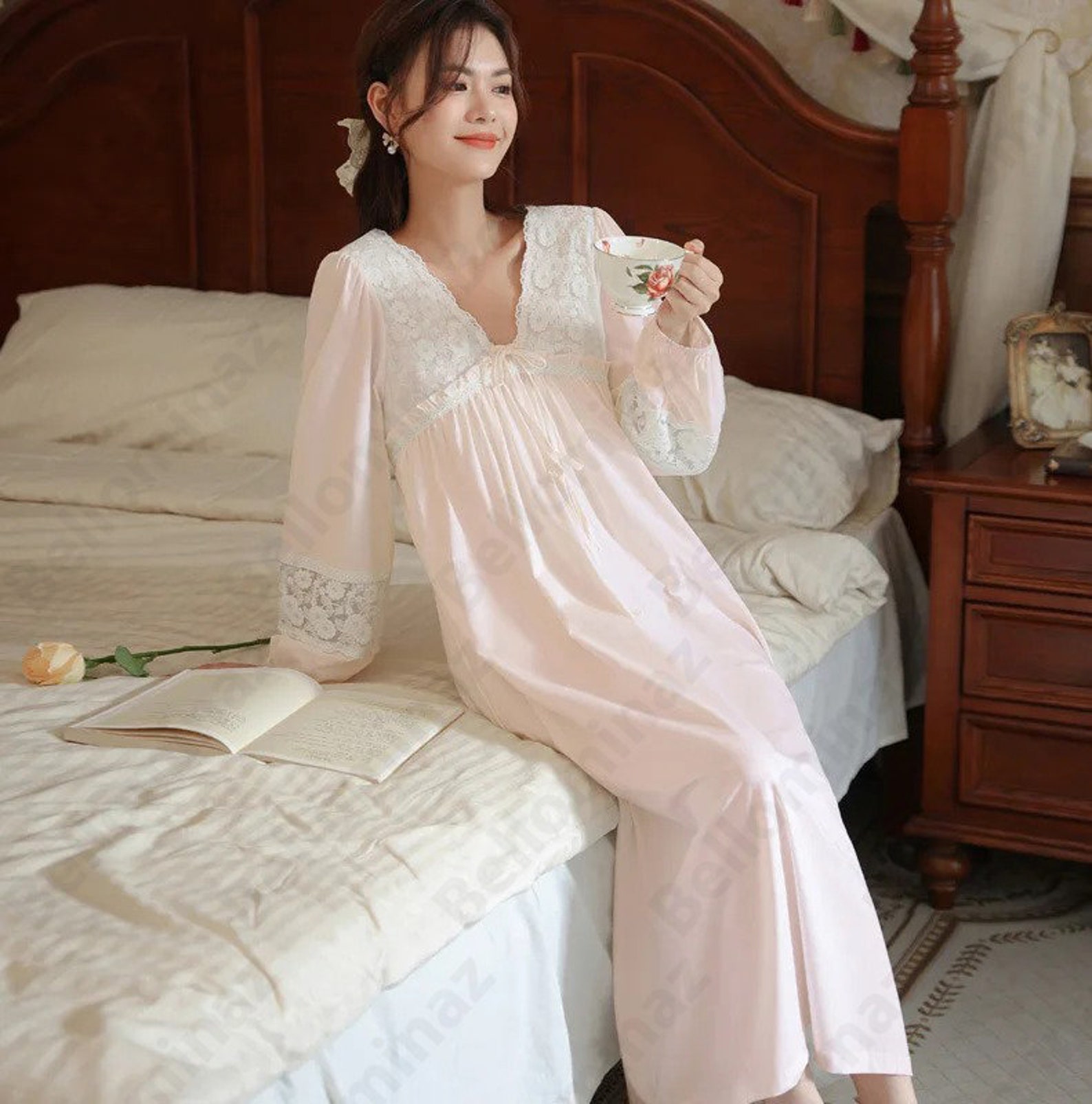Cotton Vintage Nightgown Spring Autumn Victorian Cotton Nightgown Women ...