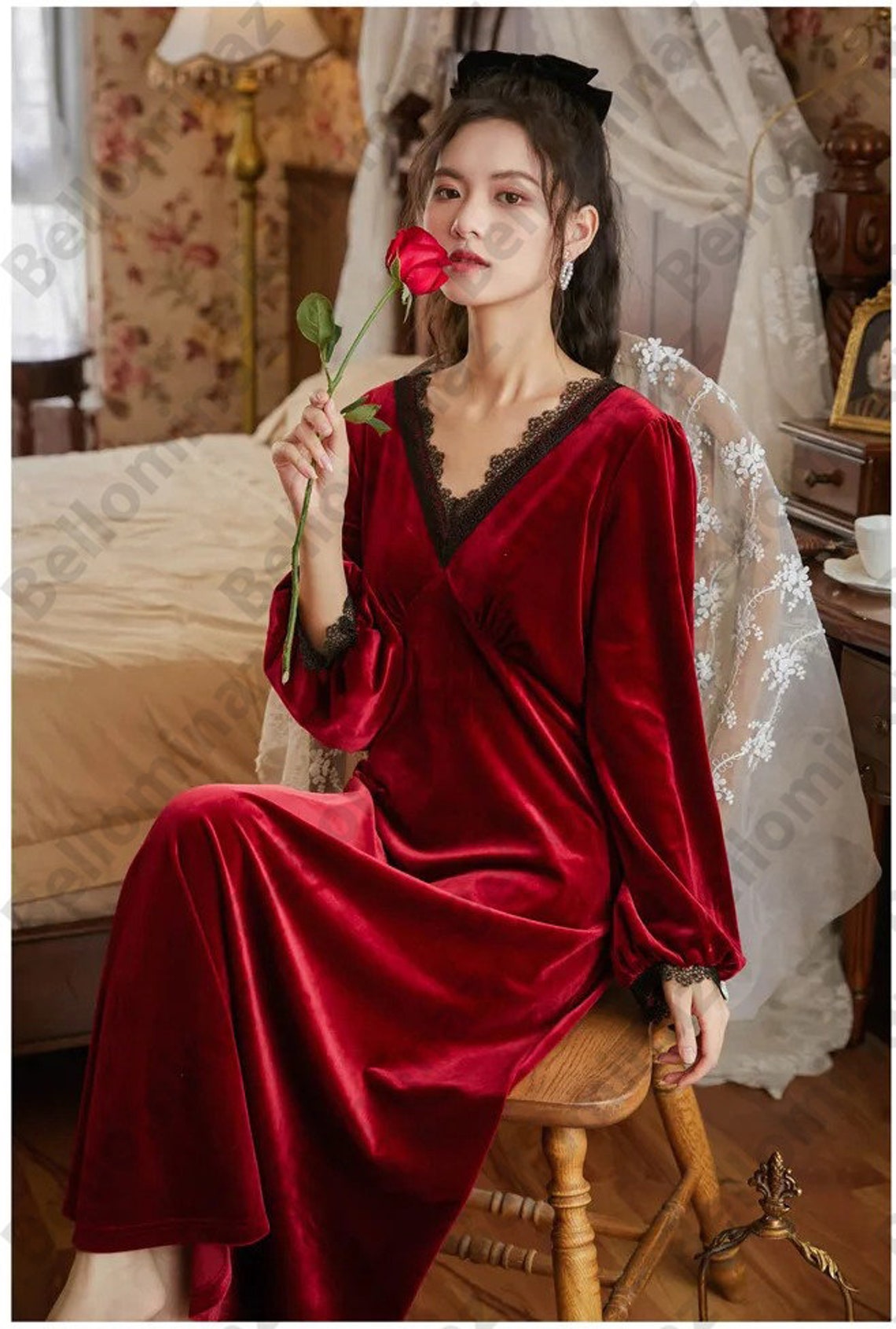 Velvet Victorian Nightgowns Women Winter Warm Long Sleeve Robe Peignoir ...