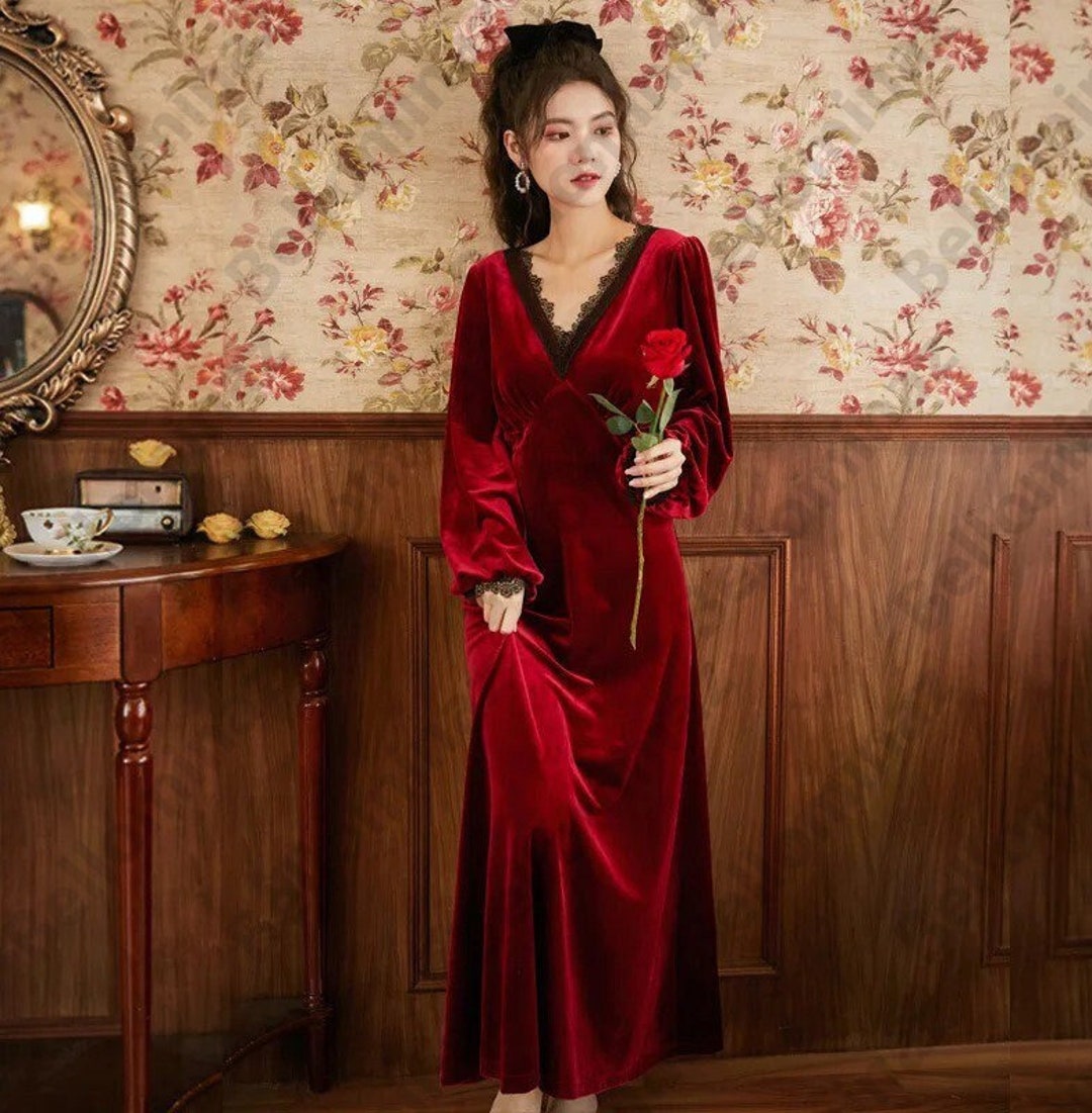 Velvet Victorian Nightgowns Women Winter Warm Long Sleeve Robe Peignoir ...