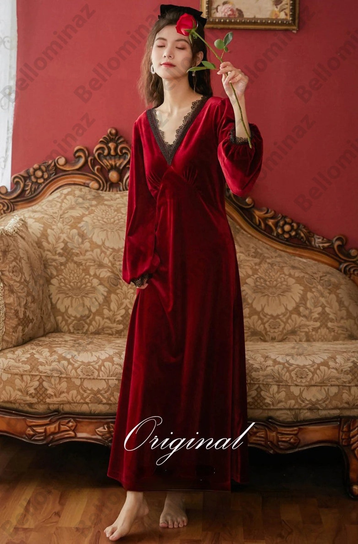 Velvet Victorian Nightgowns Women Winter Warm Long Sleeve Robe Peignoir ...
