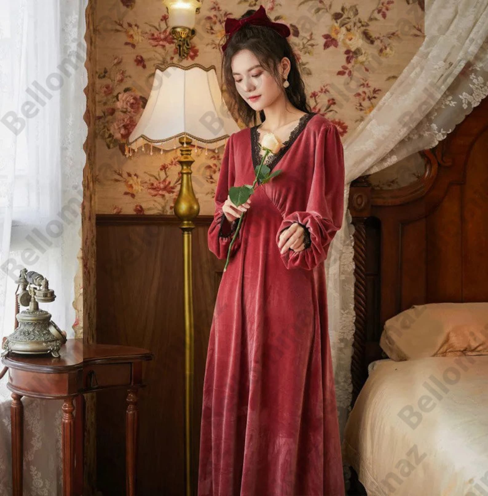 Velvet Victorian Nightgowns Women Winter Warm Long Sleeve Robe Peignoir ...