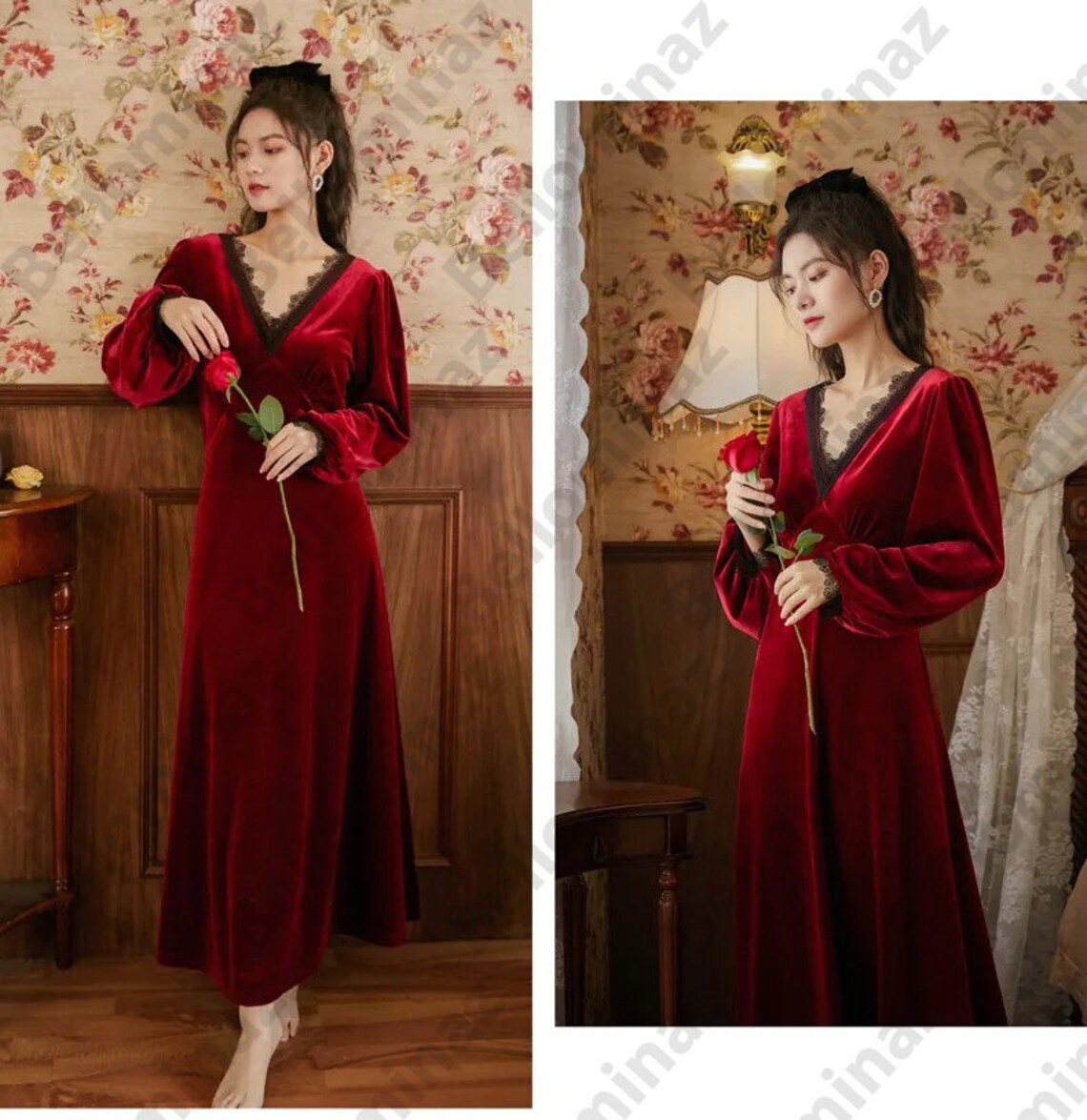 Velvet Victorian Nightgowns Women Winter Warm Long Sleeve Robe Peignoir ...