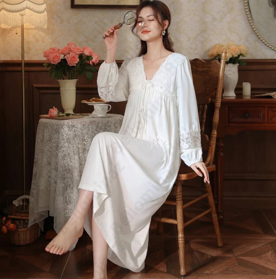 Cotton Vintage Nightgown Spring Autumn Victorian Cotton Nightgown Women ...