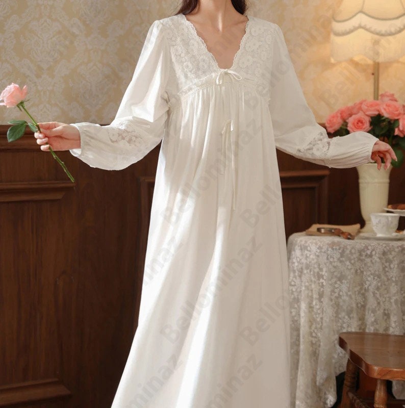 Cotton Vintage Nightgown Spring Autumn Victorian Cotton Nightgown Women ...