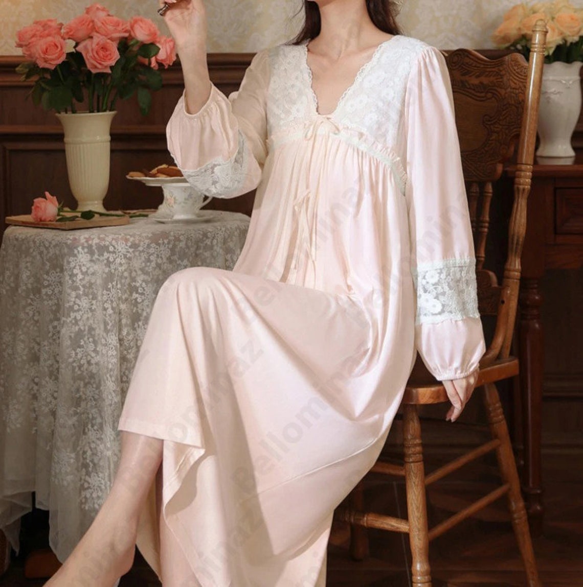 Cotton Vintage Nightgown Spring Autumn Victorian Cotton Nightgown Women ...