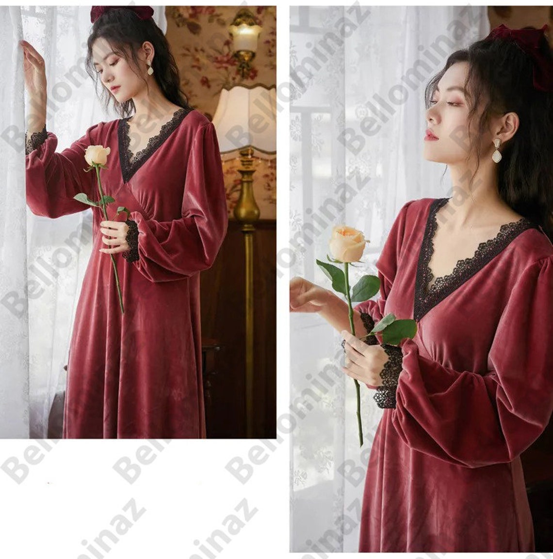Velvet Victorian Nightgowns Women Winter Warm Long Sleeve Robe Peignoir ...