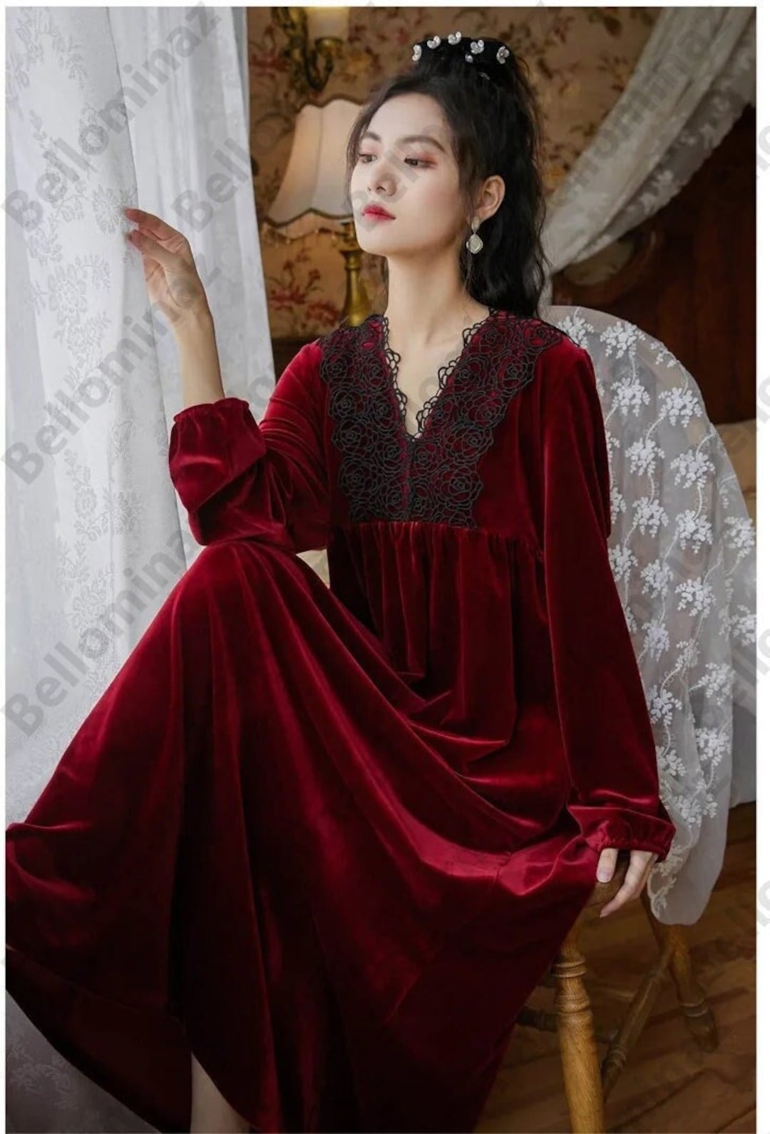Velvet Victorian Nightgown Women Lace Nightgowns Long Vintage Nightgown ...