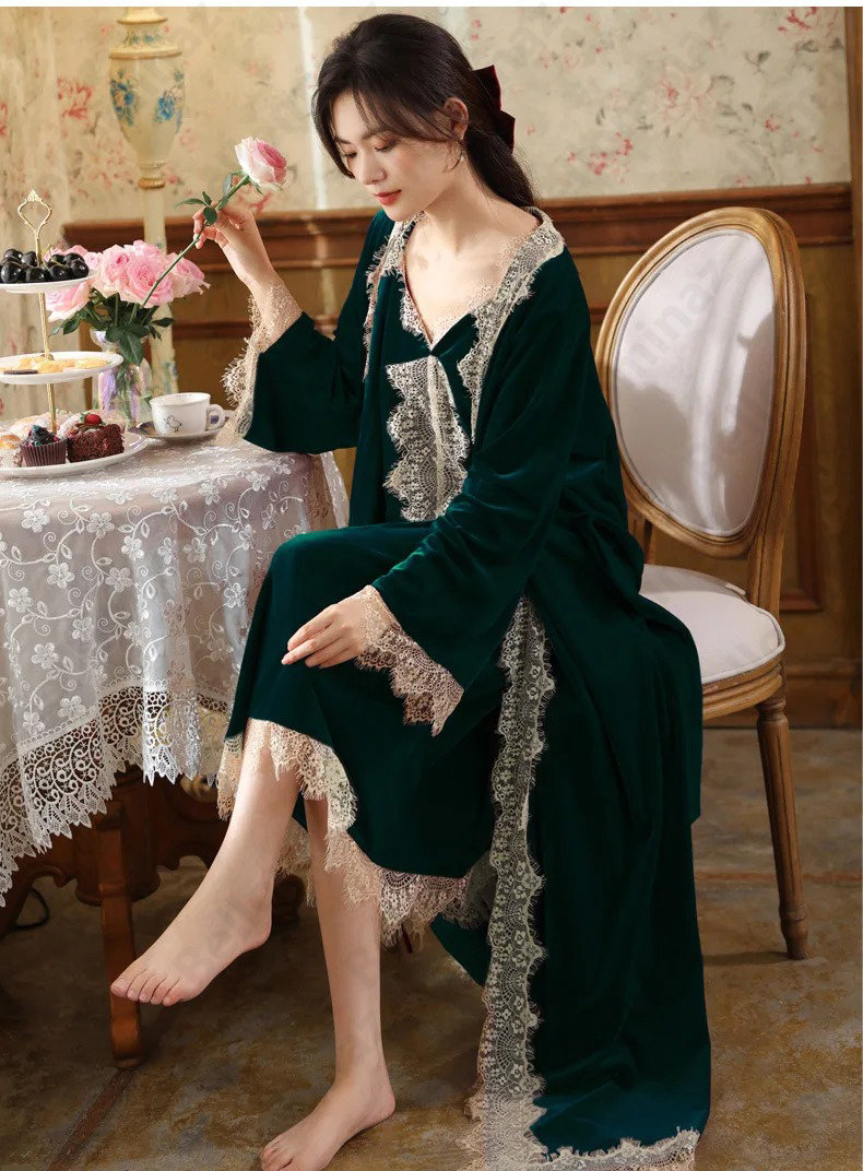 Victorian Nightgown Robe Set Women Velvet Vintage Nightgowns Autumn ...
