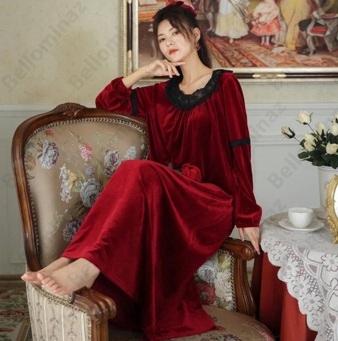 Victorian Nightgown Women Retro Long Night Dress Winter Warm Court ...