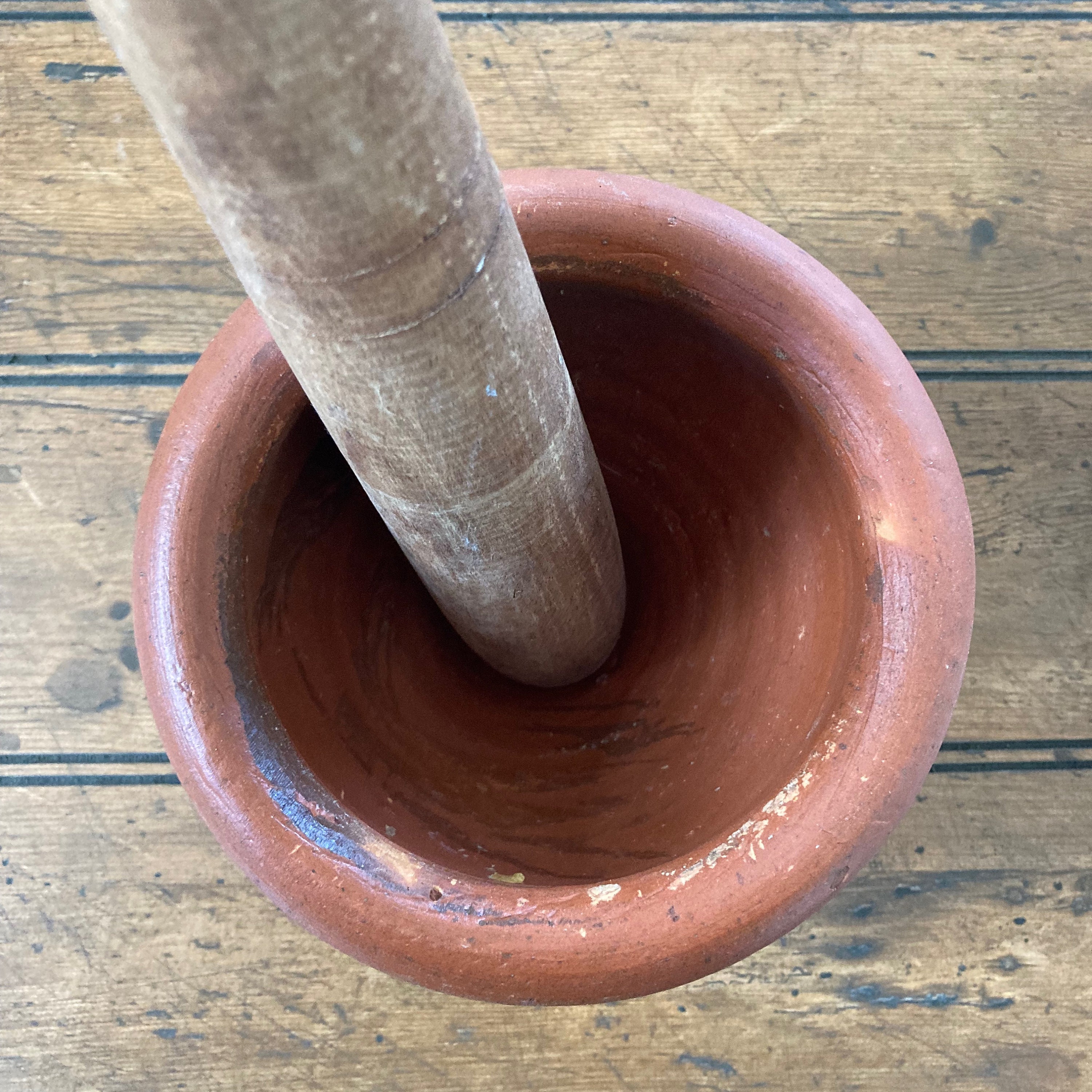 Mortar and Pestle Primitive Pottery Bowl. Hand Carved Artisan Wood. Antique Pestles. Red Clay ...
