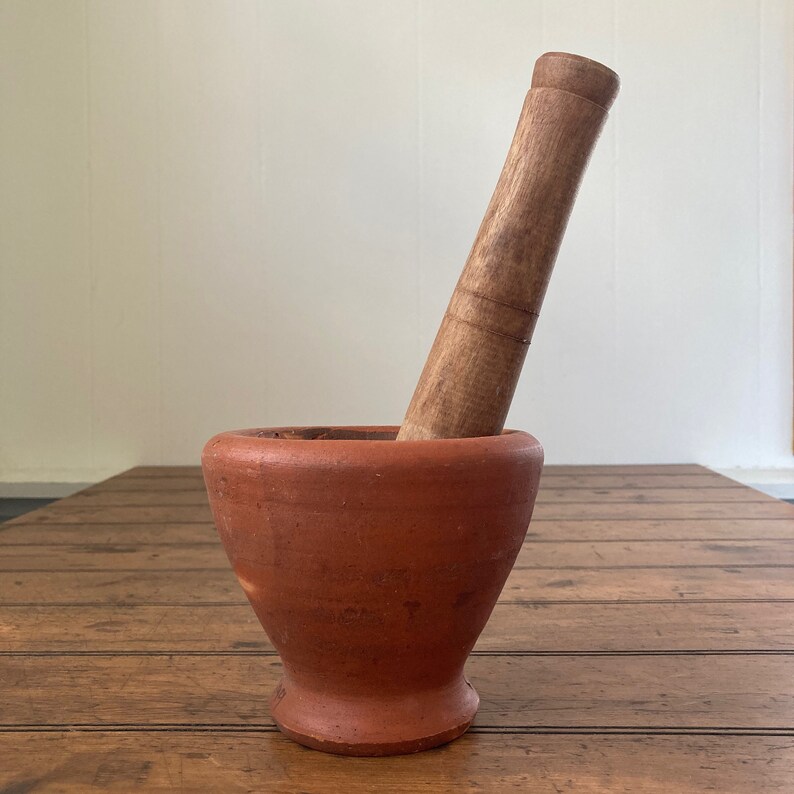 Mortar and Pestle Primitive Pottery Bowl. Hand Carved Artisan Wood. Antique Pestles. Red Clay ...