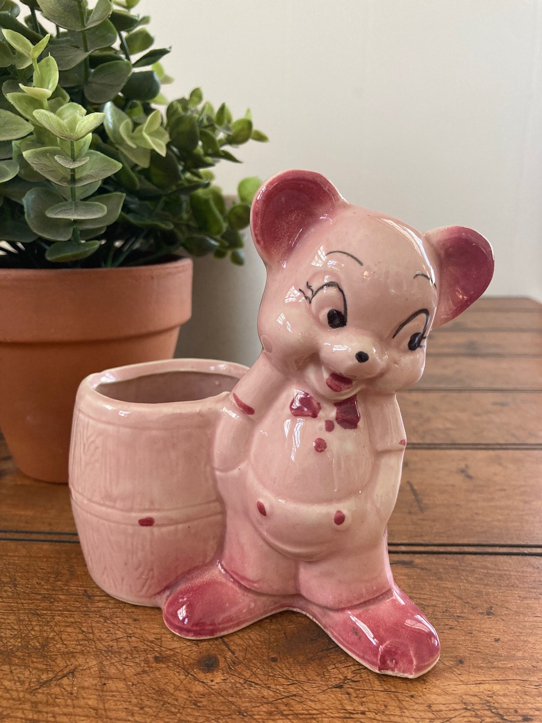 Vintage Bashful Mouse Planter. Pink Mouse Next to Barrel / Honey Pot ...