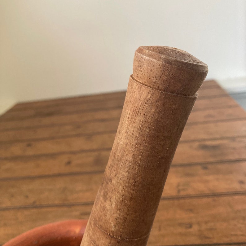 Mortar and Pestle Primitive Pottery Bowl. Hand Carved Artisan Wood. Antique Pestles. Red Clay ...