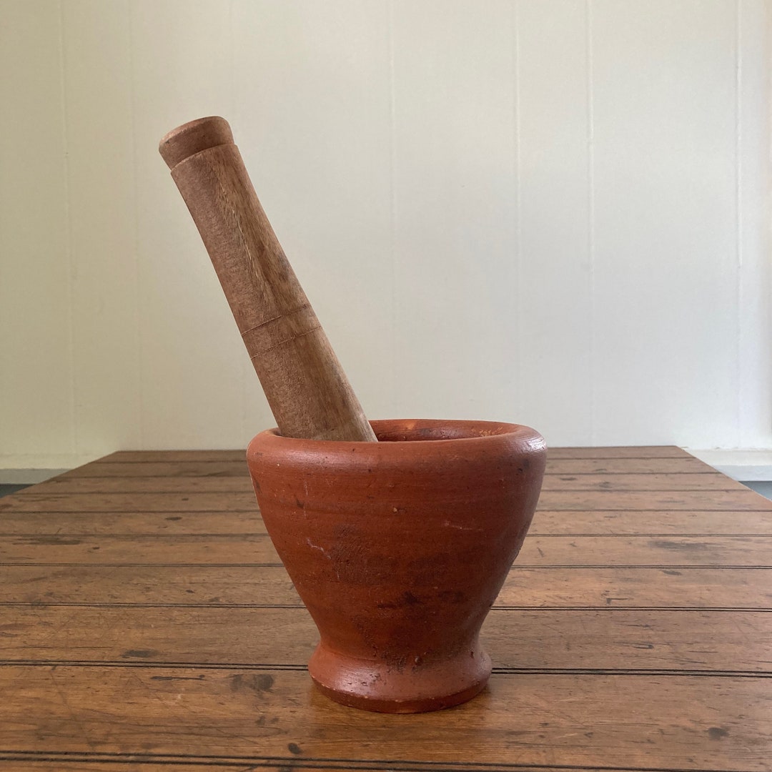 Mortar and Pestle Primitive Pottery Bowl. Hand Carved Artisan Wood. Antique Pestles. Red Clay ...