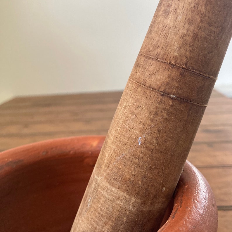 Mortar and Pestle Primitive Pottery Bowl. Hand Carved Artisan Wood. Antique Pestles. Red Clay ...