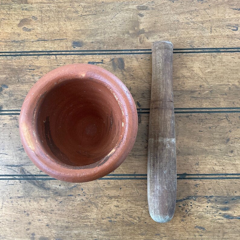 Mortar and Pestle Primitive Pottery Bowl. Hand Carved Artisan Wood. Antique Pestles. Red Clay ...