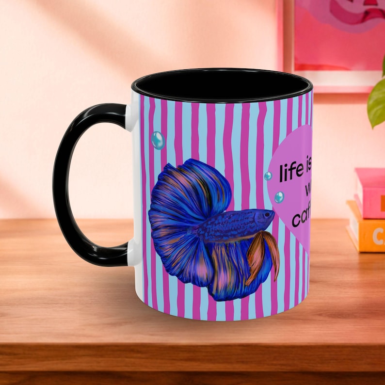Betta Fish Caffeine Mug | Funny Fish Pun Coffee Cup | Quirky Watercolor ...