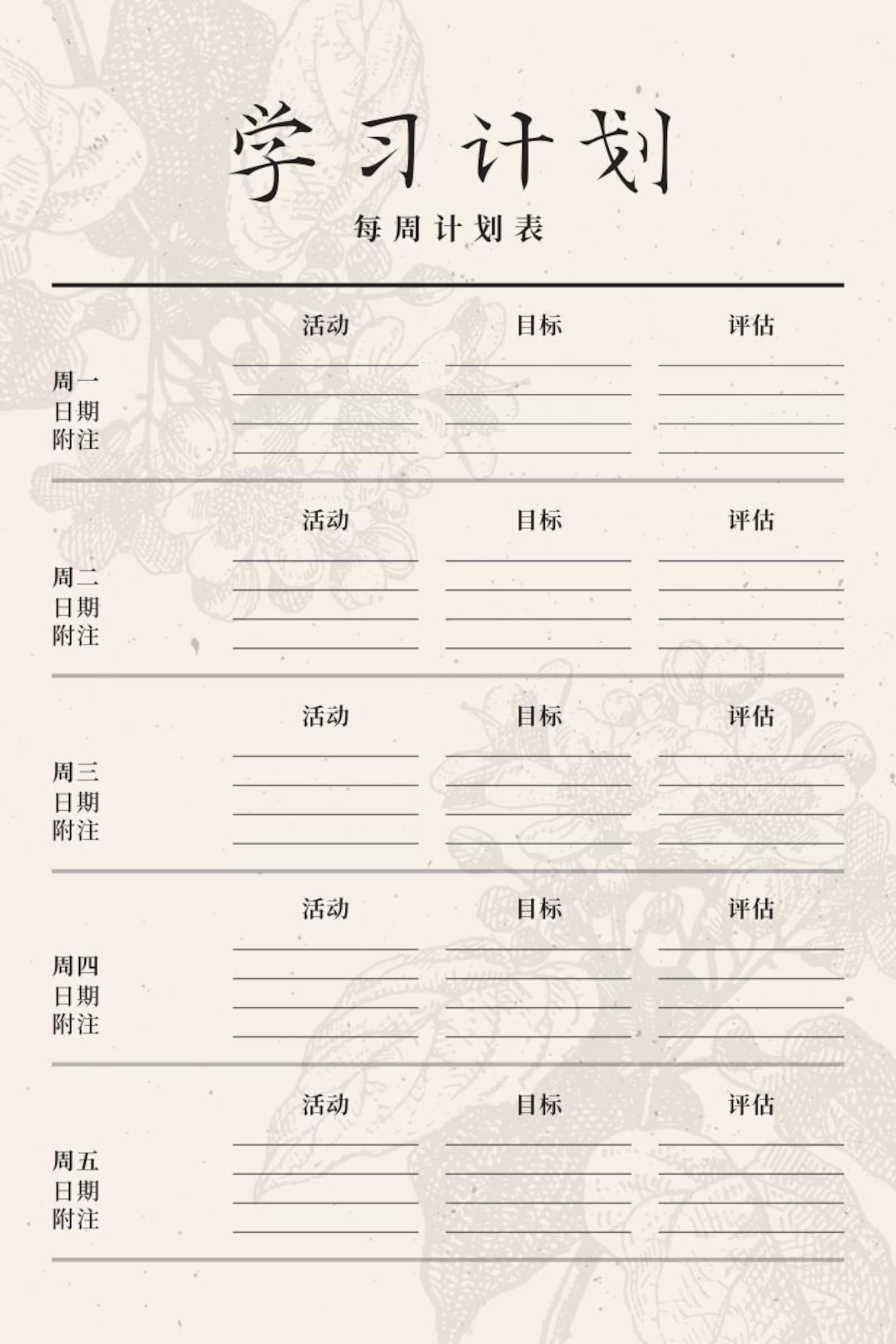 Study Plan, Chinese Student, Chinese Language, Instant Download, Daily ...