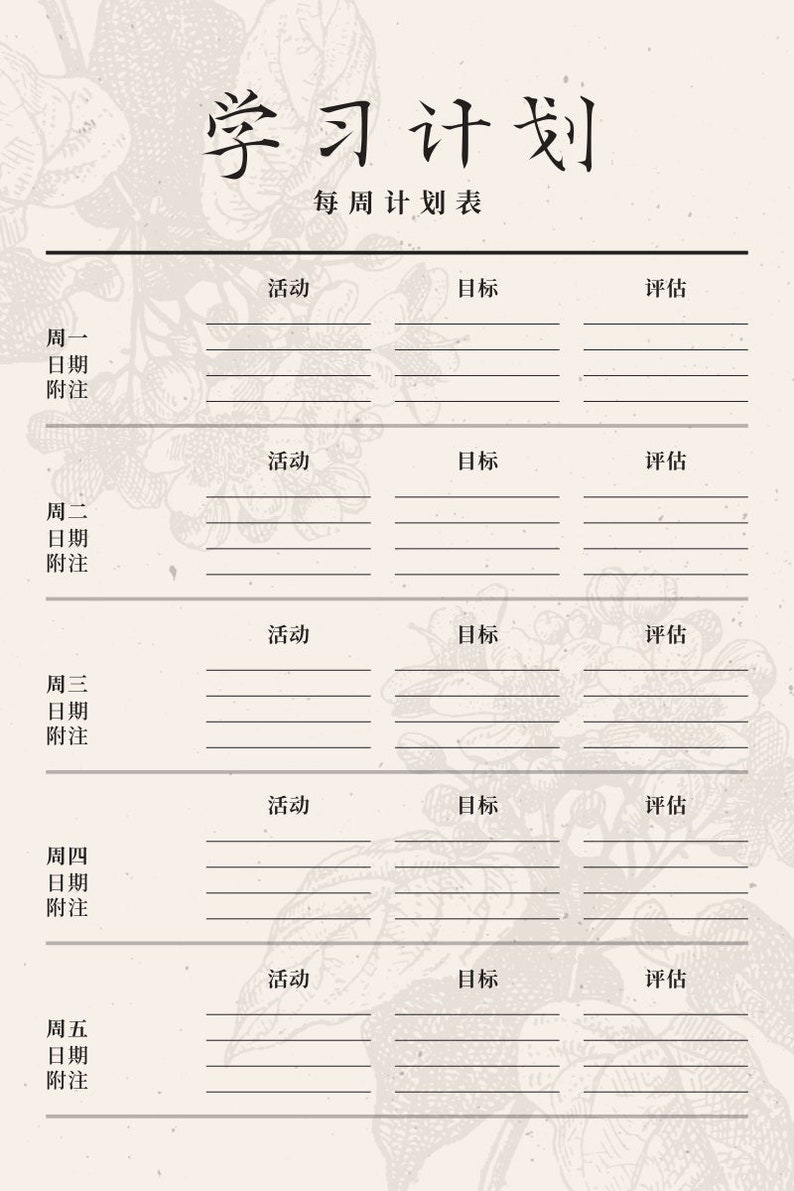Study Plan, Chinese Student, Chinese Language, Instant Download, Daily ...