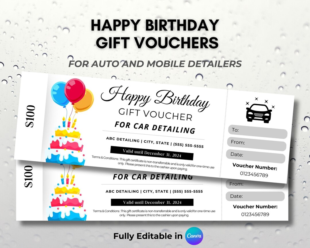 Car Detailing Happy Birthday Gift Voucher Template + Bonus PDF Gift ...
