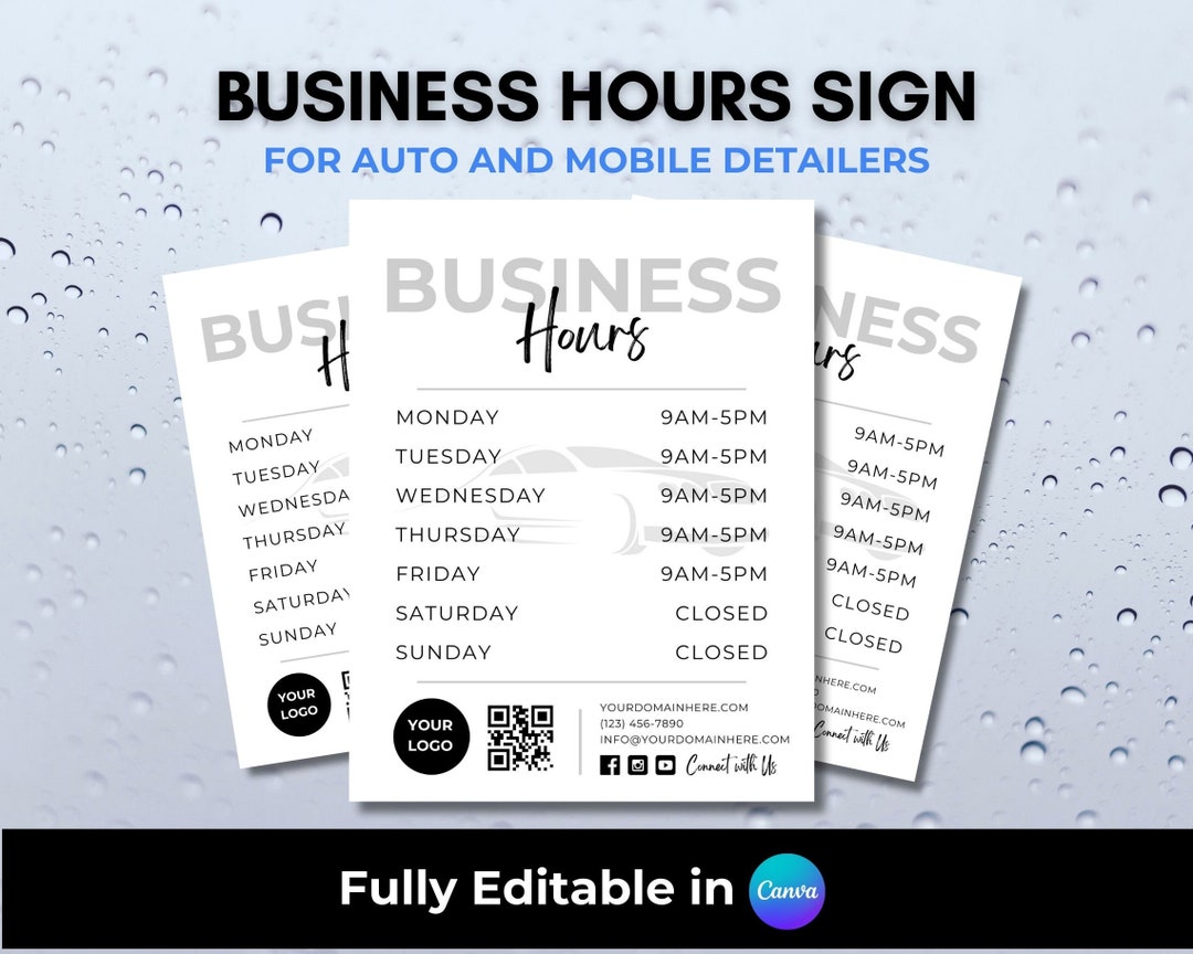 Customizable Business Hours Sign Template for Auto Detailing Businesses ...