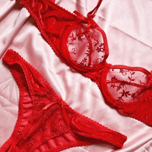 Red Embroidered Lace Lingerie Set - Etsy