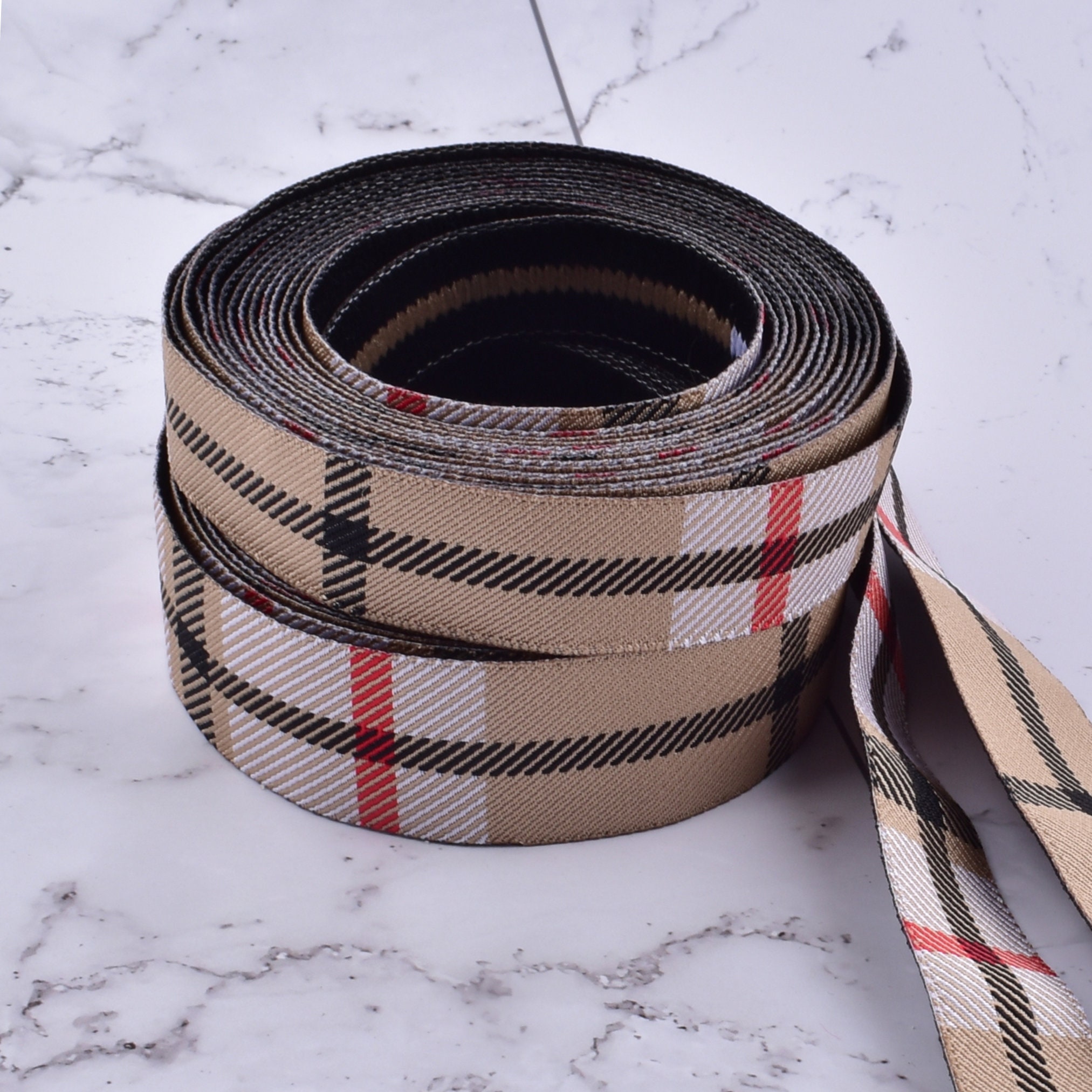 Tan Plaid Ribbon Roll in 7/8" or 5/8", Beige Woven Polyester Jacquard ...