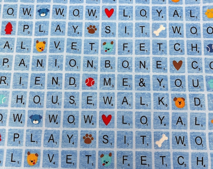 Riley Blake Puppy Love C6932 Blue Word Games 43/44, Cotton Fabric by ...
