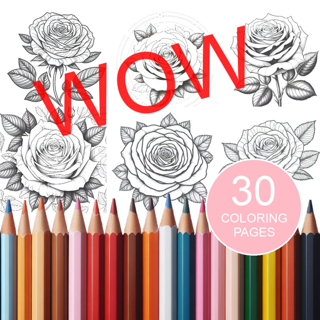 30 Printable Roses Coloring Book Adult Kids Grayscale Coloring Pages ...