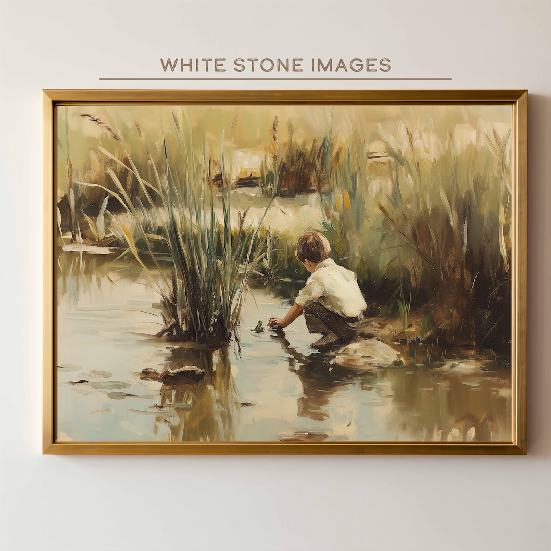 Printable Vintage Boy Catching Frogs | Summer Memories | Landscape Oil ...
